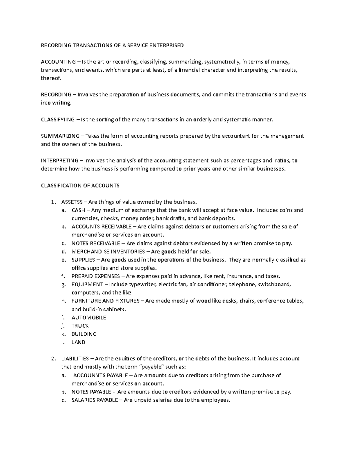 P2 - Lecture notes for Basic Accounting - RECORDING TRANSACTIONS OF A ...