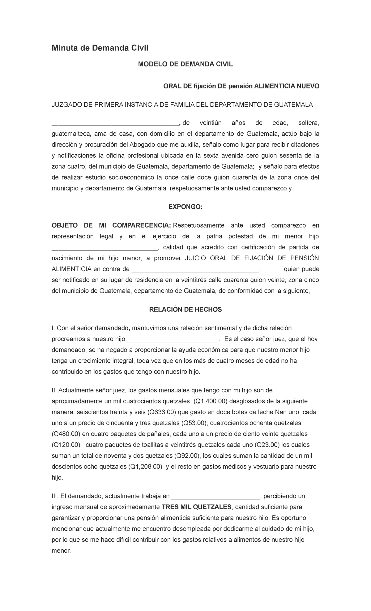 Minuta de Demanda Civil - Minuta de Demanda Civil MODELO DE DEMANDA ...