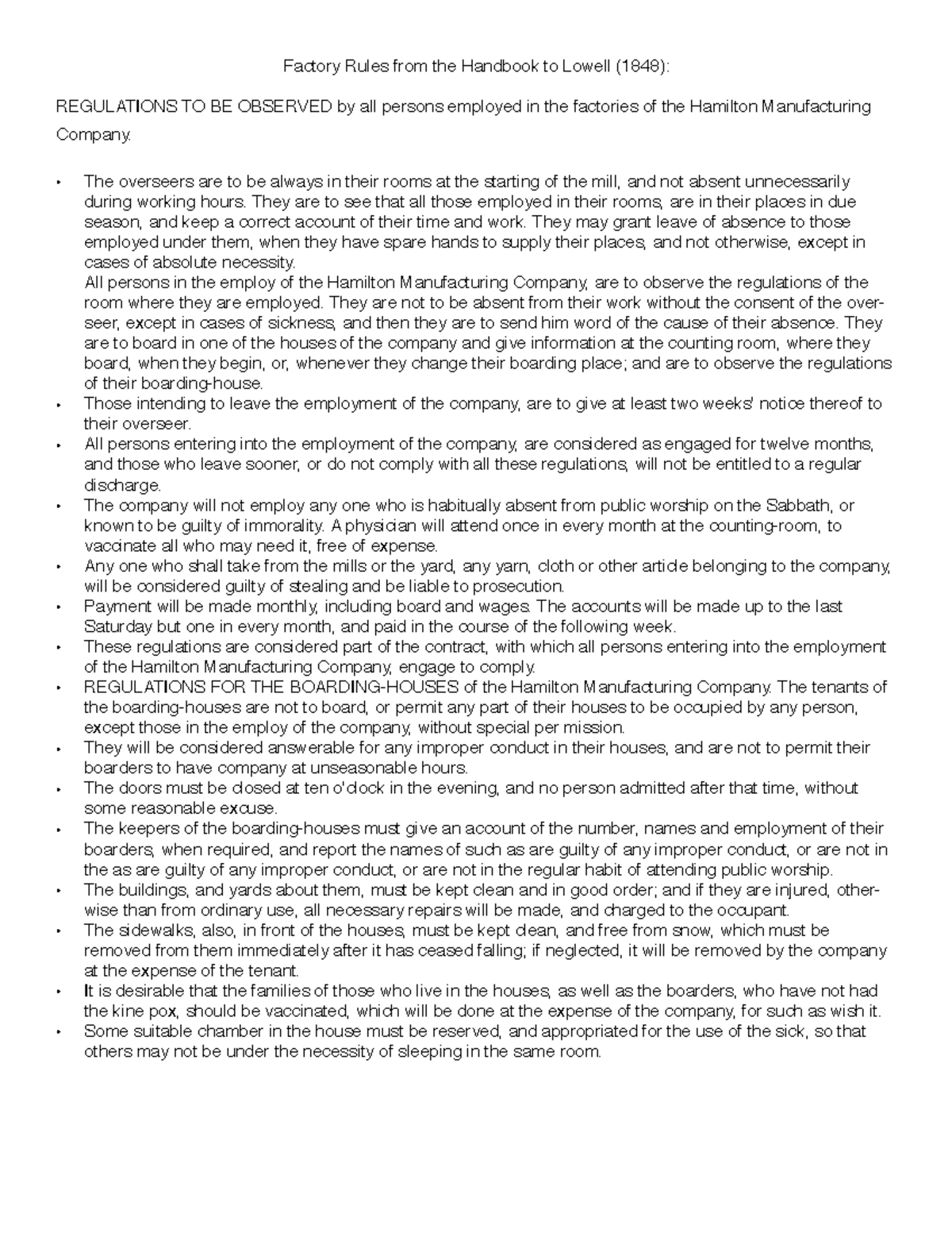 Factory Rules For Lowell Updated - Factory Rules from the Handbook to ...