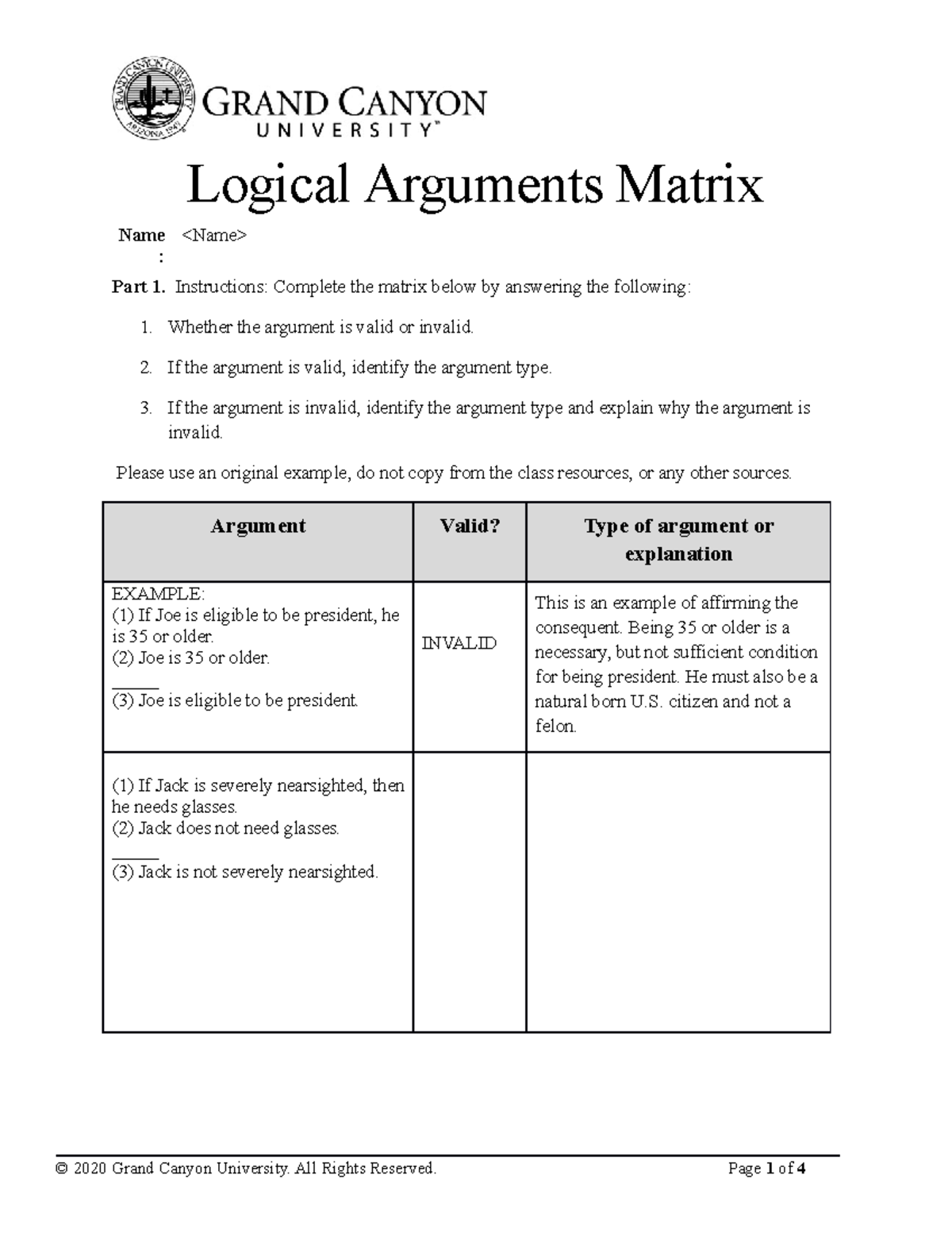 Logical Arguments Worksheet - Logical Arguments Matrix Name : Part 1 ...