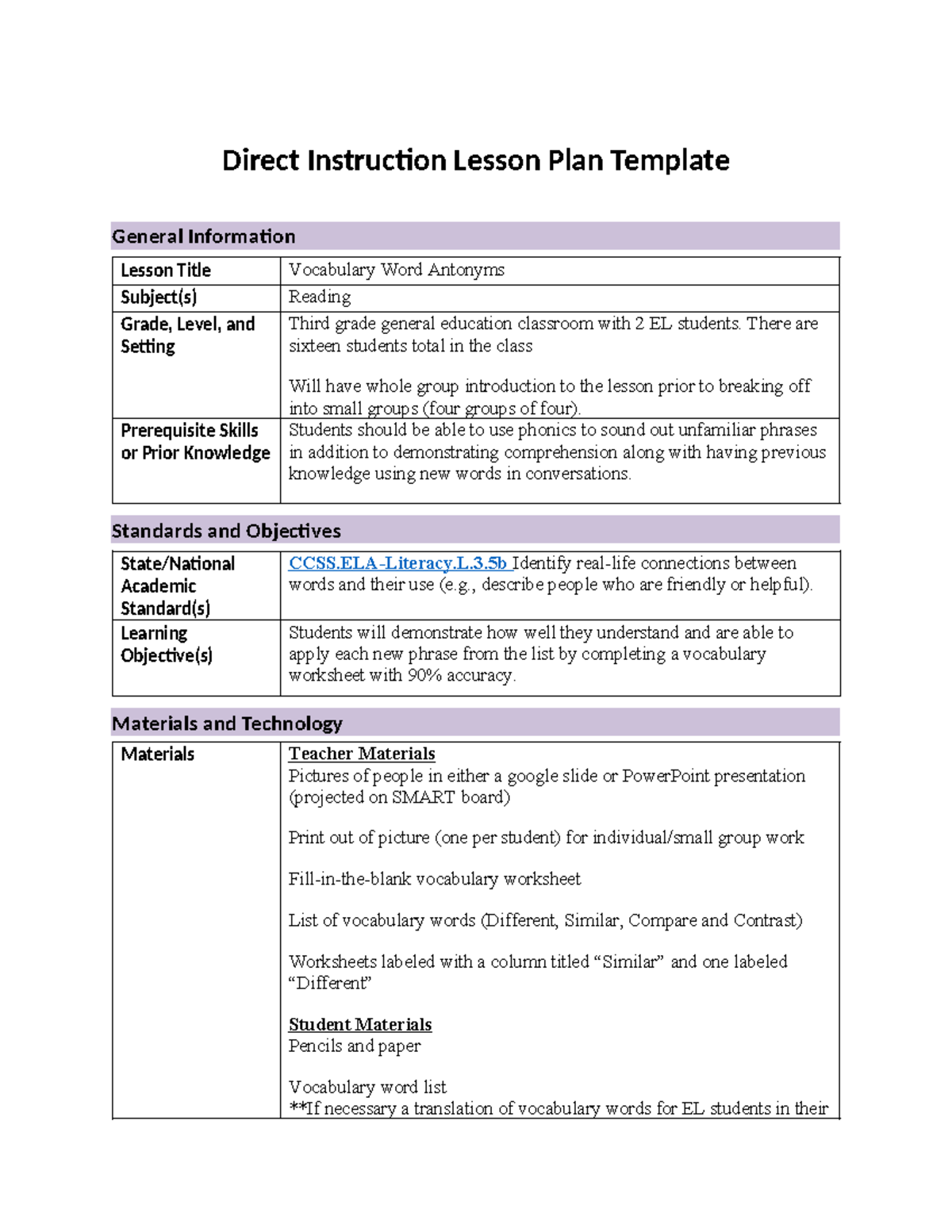 Task 1 - Lesson Plan - Direct Instruction Lesson Plan Template General Information Lesson Title ...