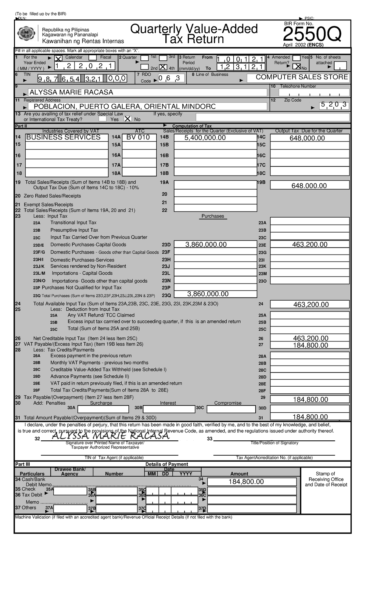 Tax 2550 Q VAT - Check and practce it - (To be filled up by the BIR ...