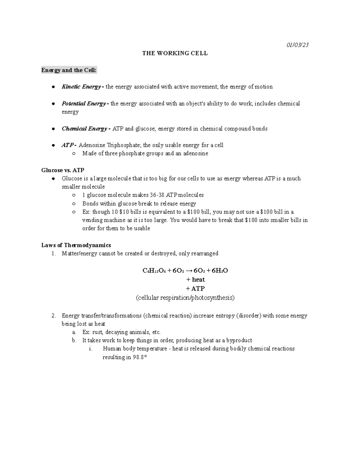 Study Guide 01 03 23 The Working Cell - 01/03/ THE WORKING CELL Energy ...