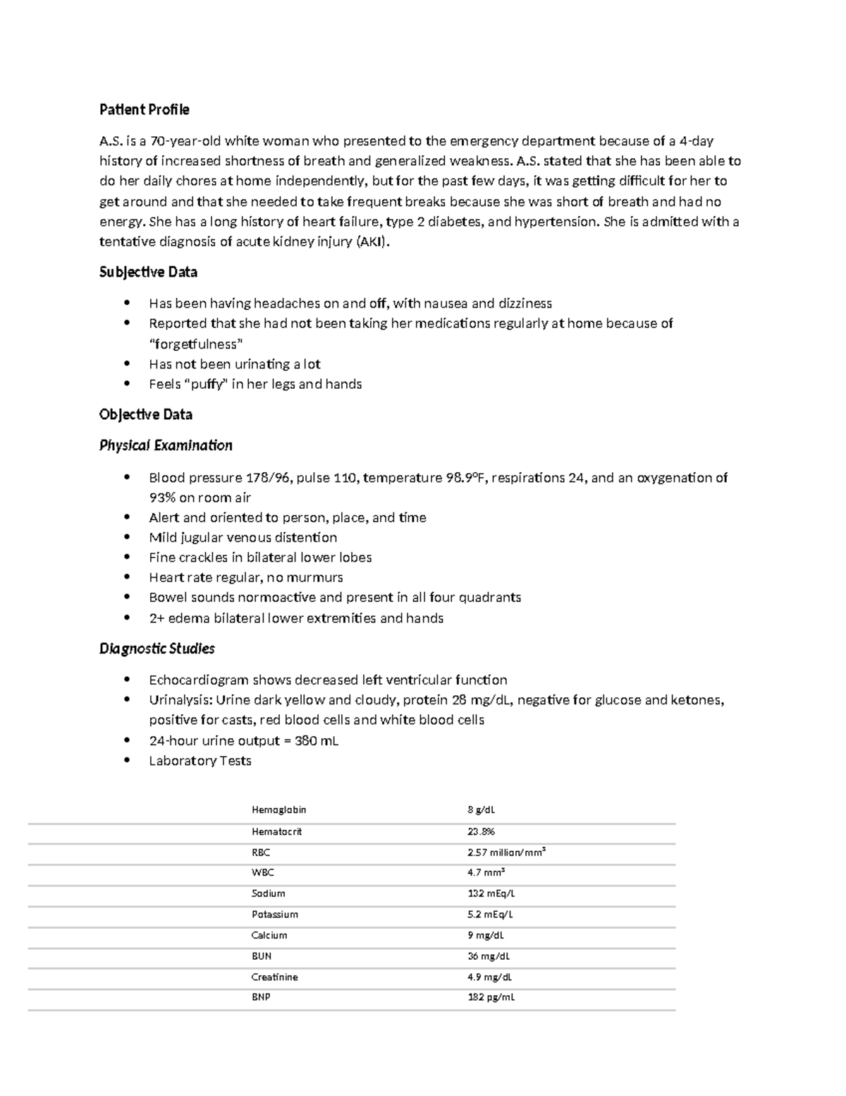 AKI Case Study - helpful practice - Patient Profile A. is a 70-year-old ...