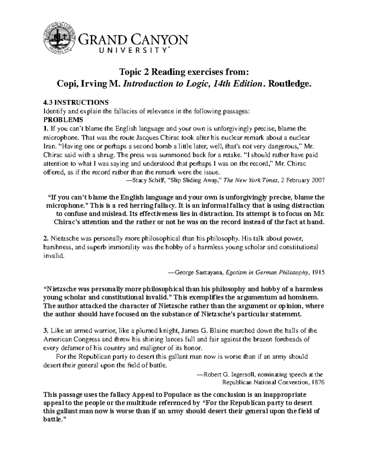 COM362 T2 Reading Exercises - Topic 2 Reading exercises from: Copi, Irving M. Introduction to ...