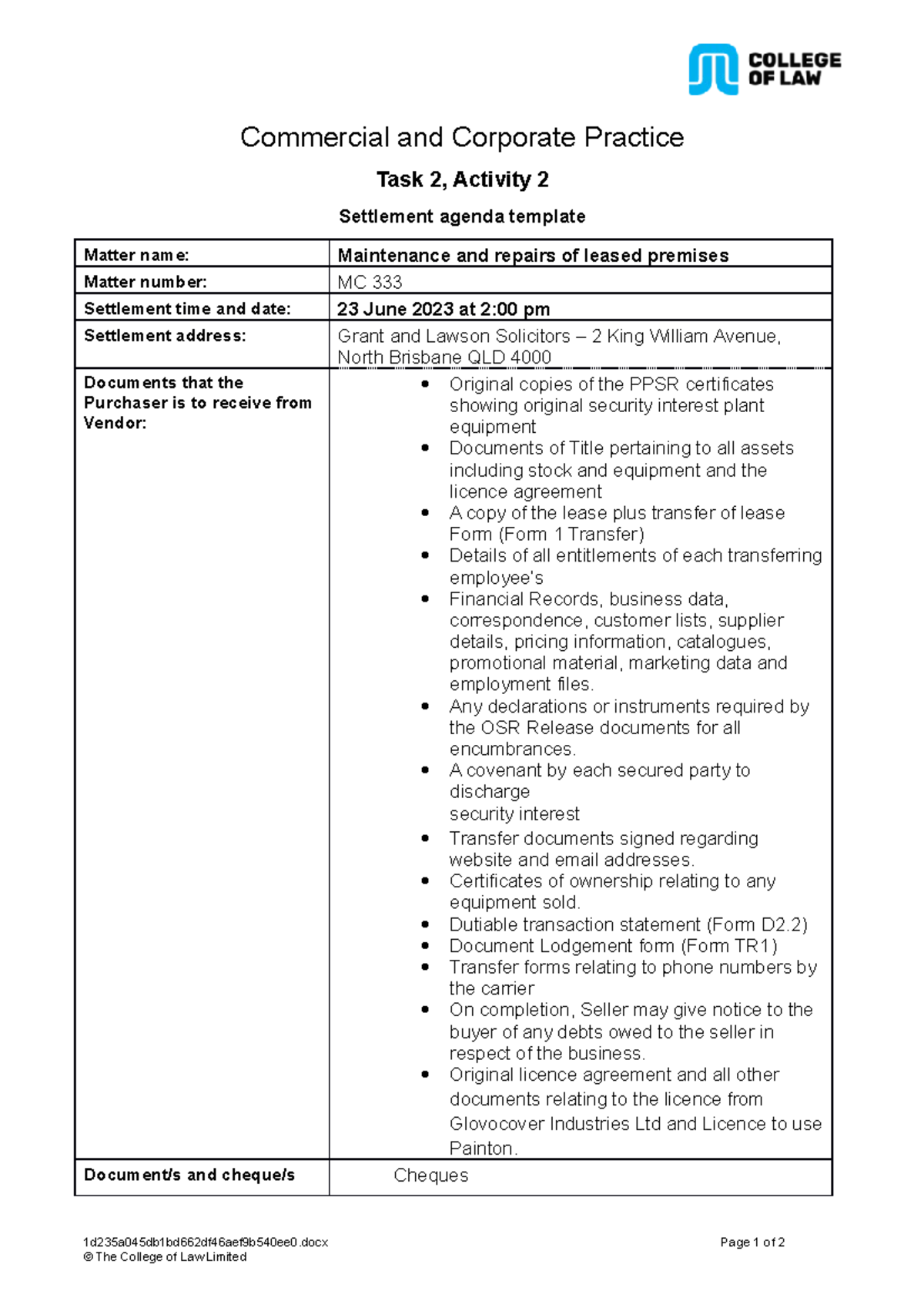 CCP T2 A2 final - tasks - Commercial and Corporate Practice Task 2 ...