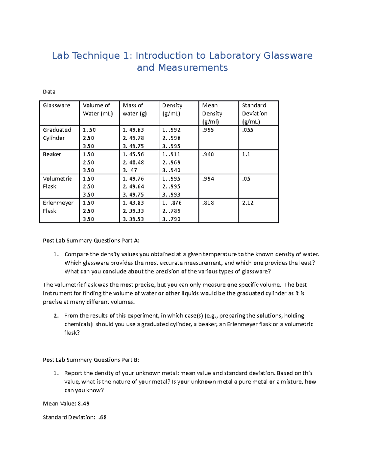 Chem Lab Technique 1 - Lab Technique 1: Introduction to Laboratory Glassware and Measurements ...