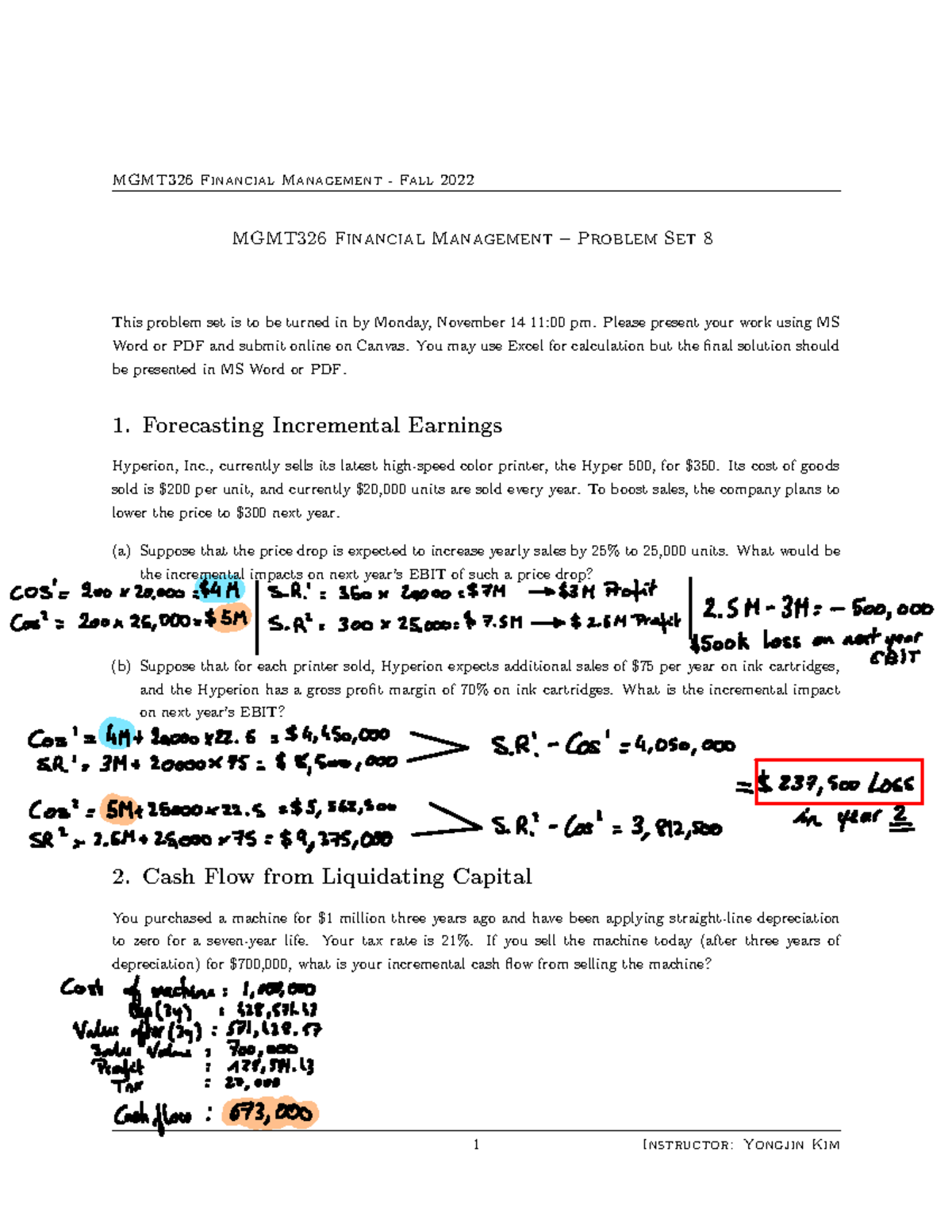 Problem Set #8 - Fall 2022 - MGMT326 Financial Management - Fall 2022 ...