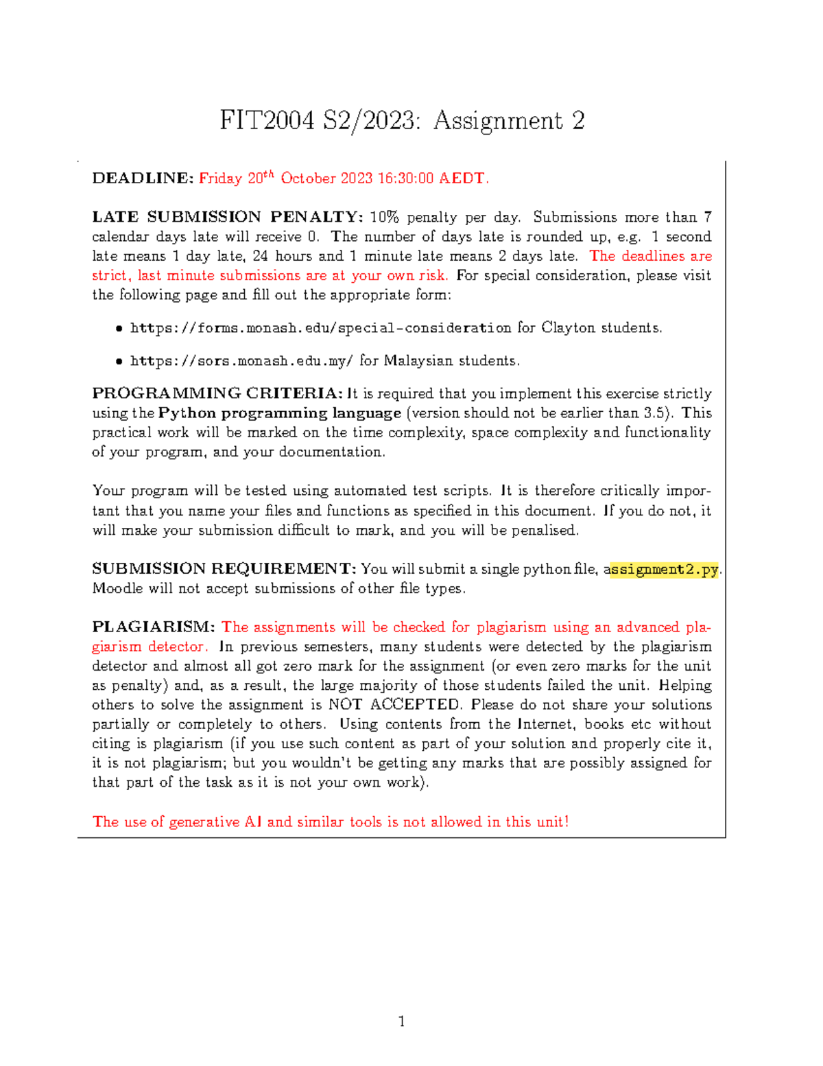 FIT2004 S2 2023 Assignment 2 - LATE SUBMISSION PENALTY: 10% penalty per day. Submissions more ...