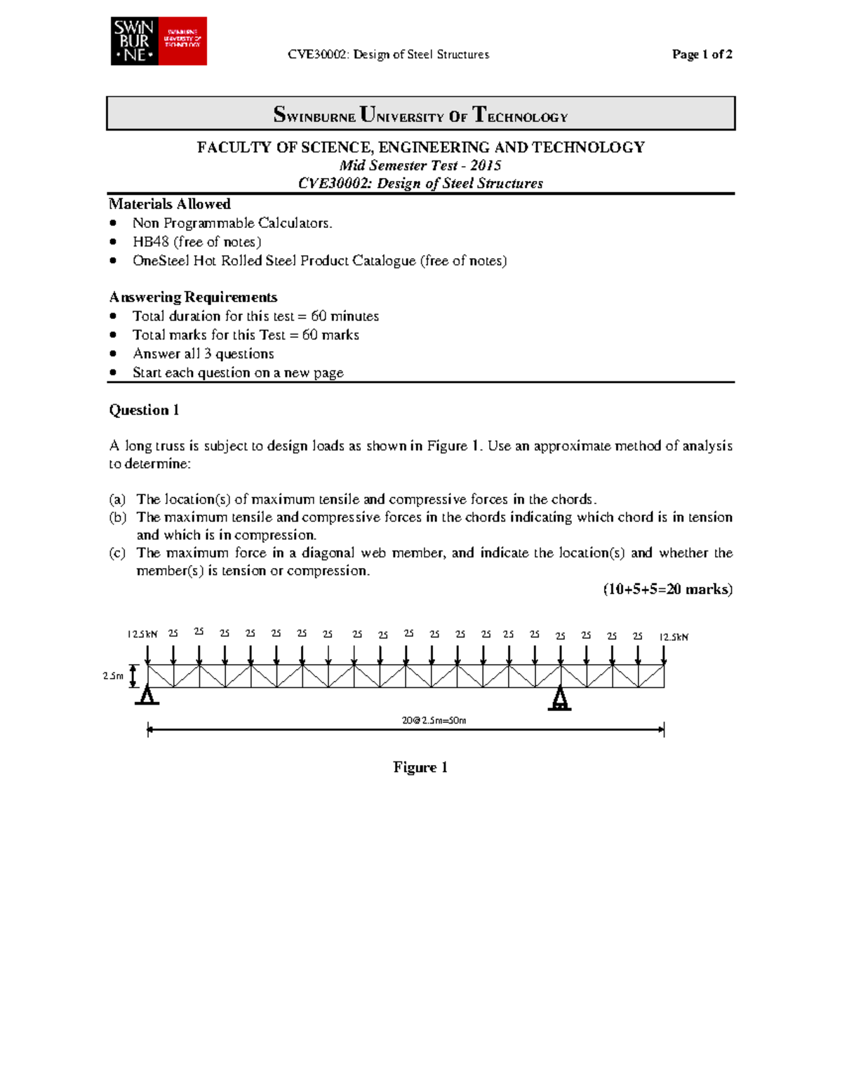 Midterm exam 5 2015, questions and answers - CVE30002: Design of Steel ...