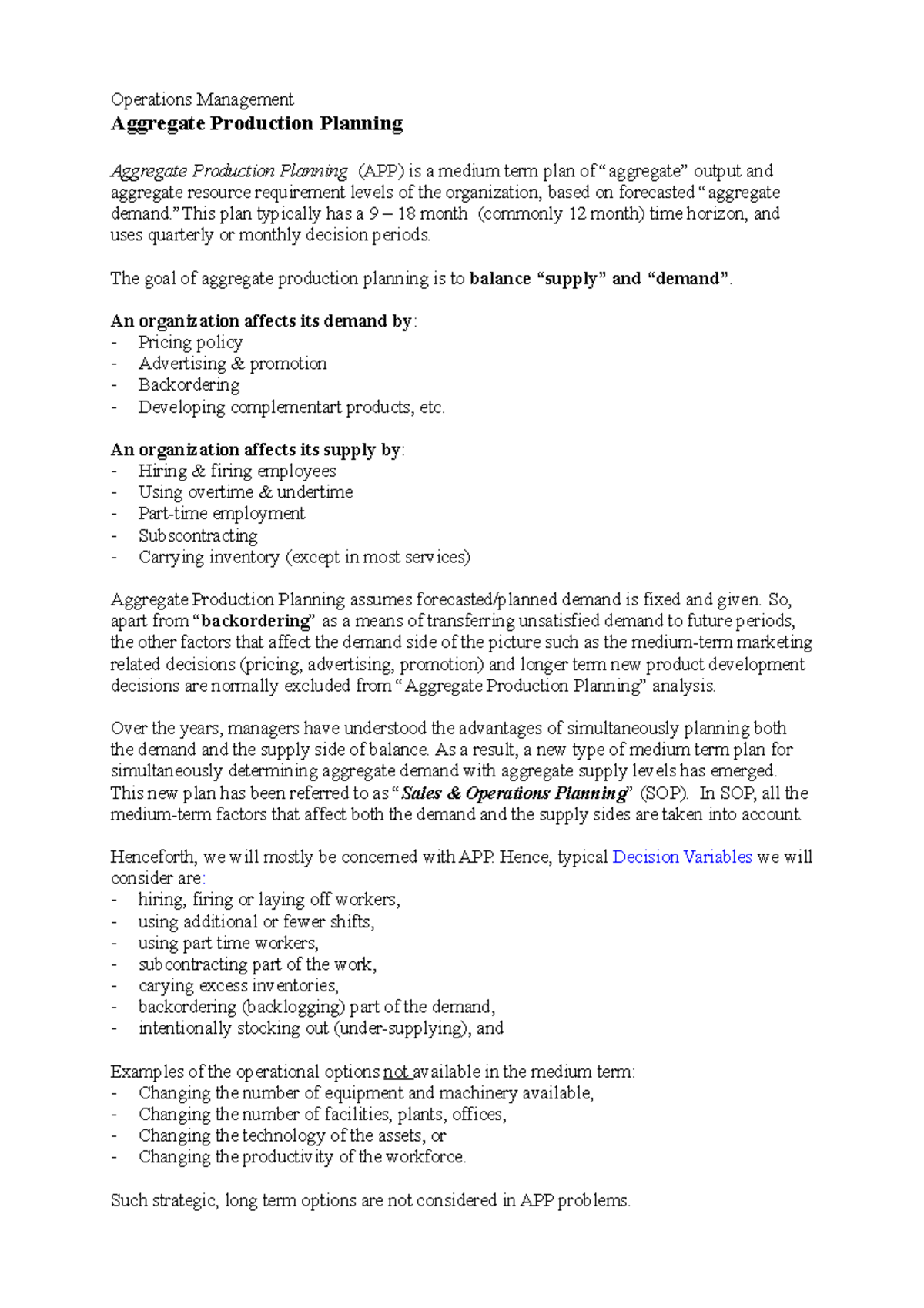 Ch6-Aggregate PP - Aggregate Production Planning (APP) is a medium term ...