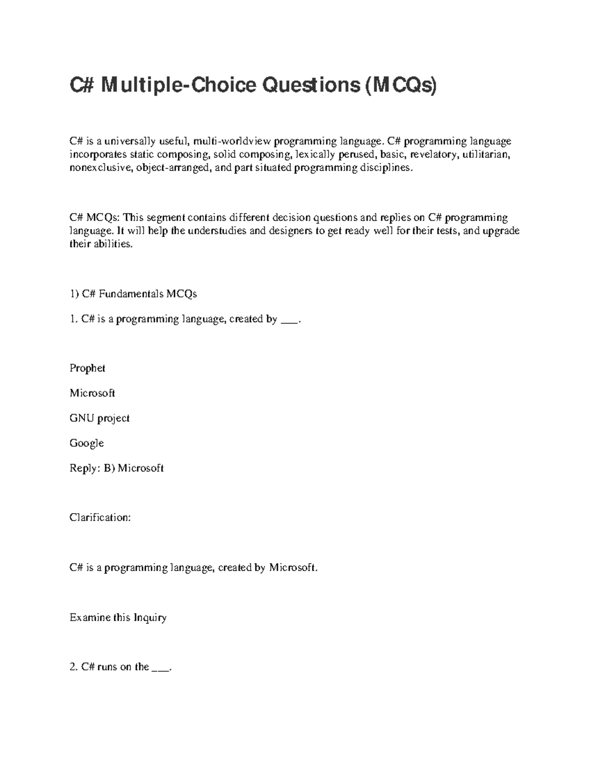 Top C# Multiple -choice question-part 1 - C# M ultiple-Choice Questions ...