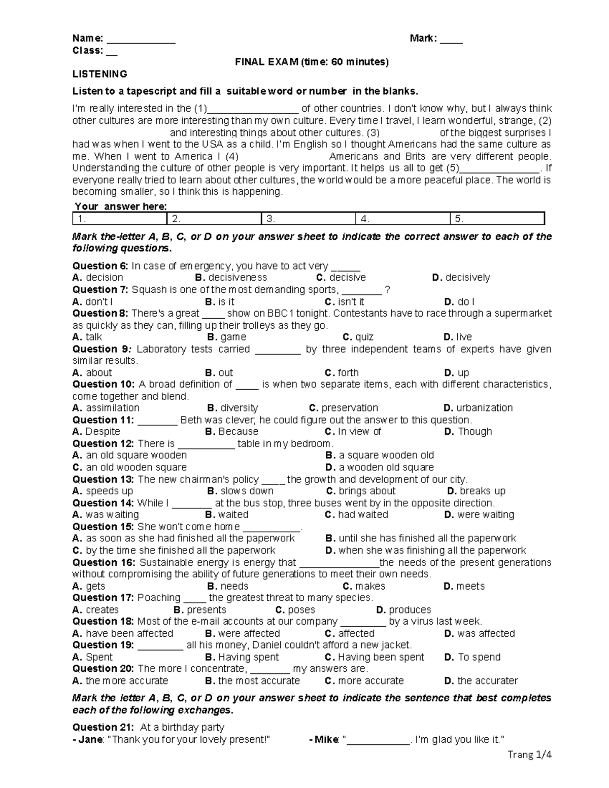 Lop-12A3-12A10 - english - Name: ____________ Mark: ____ Class ...