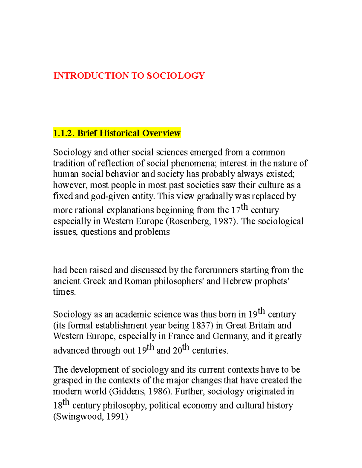 Introduction to Sociology P1 - INTRODUCTION TO SOCIOLOGY 1.1. Brief ...