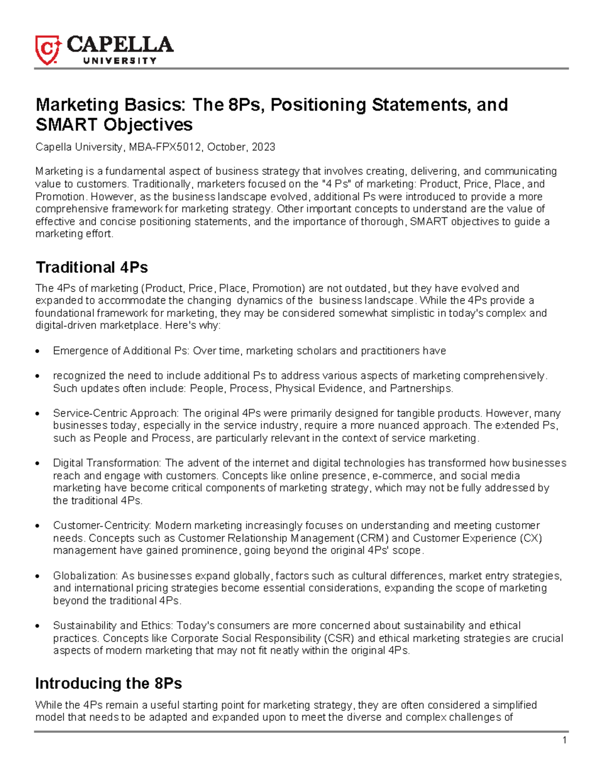 Cf 8ps handout - Marketing Basics: The 8Ps, Positioning Statements, and ...