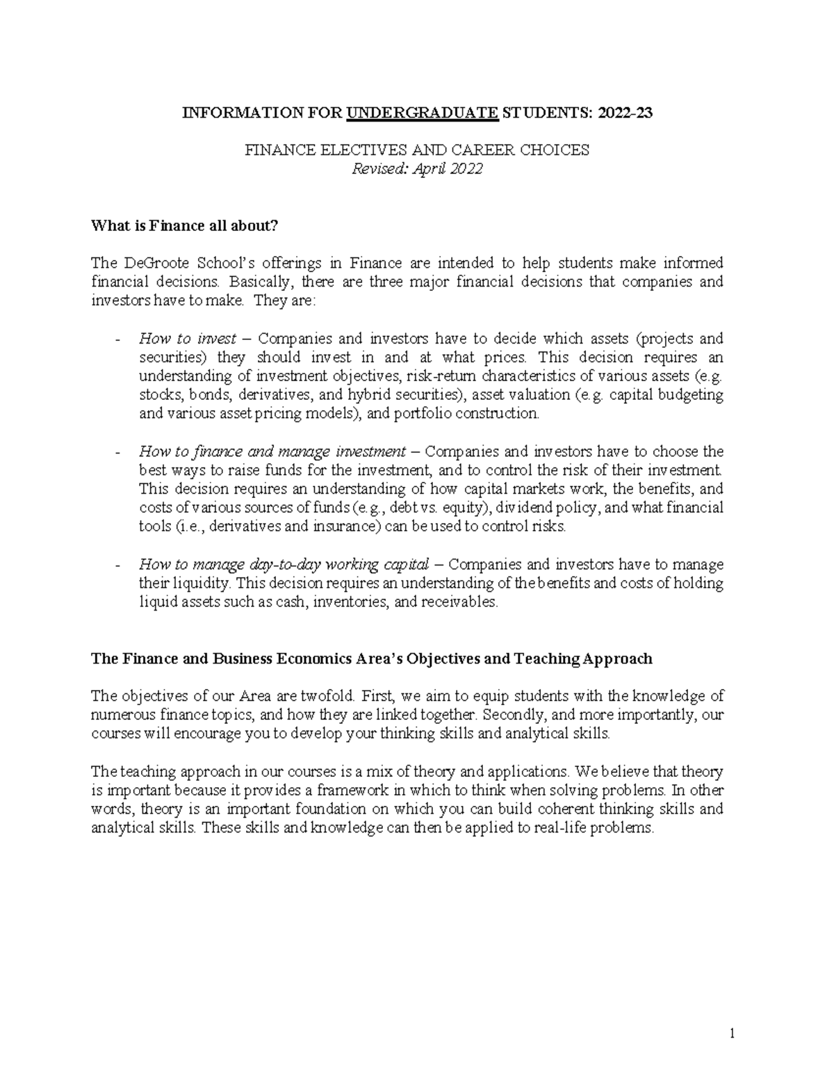 Finance Courses - INFORMATION FOR UNDERGRADUATE STUDENTS: 2022- FINANCE ...