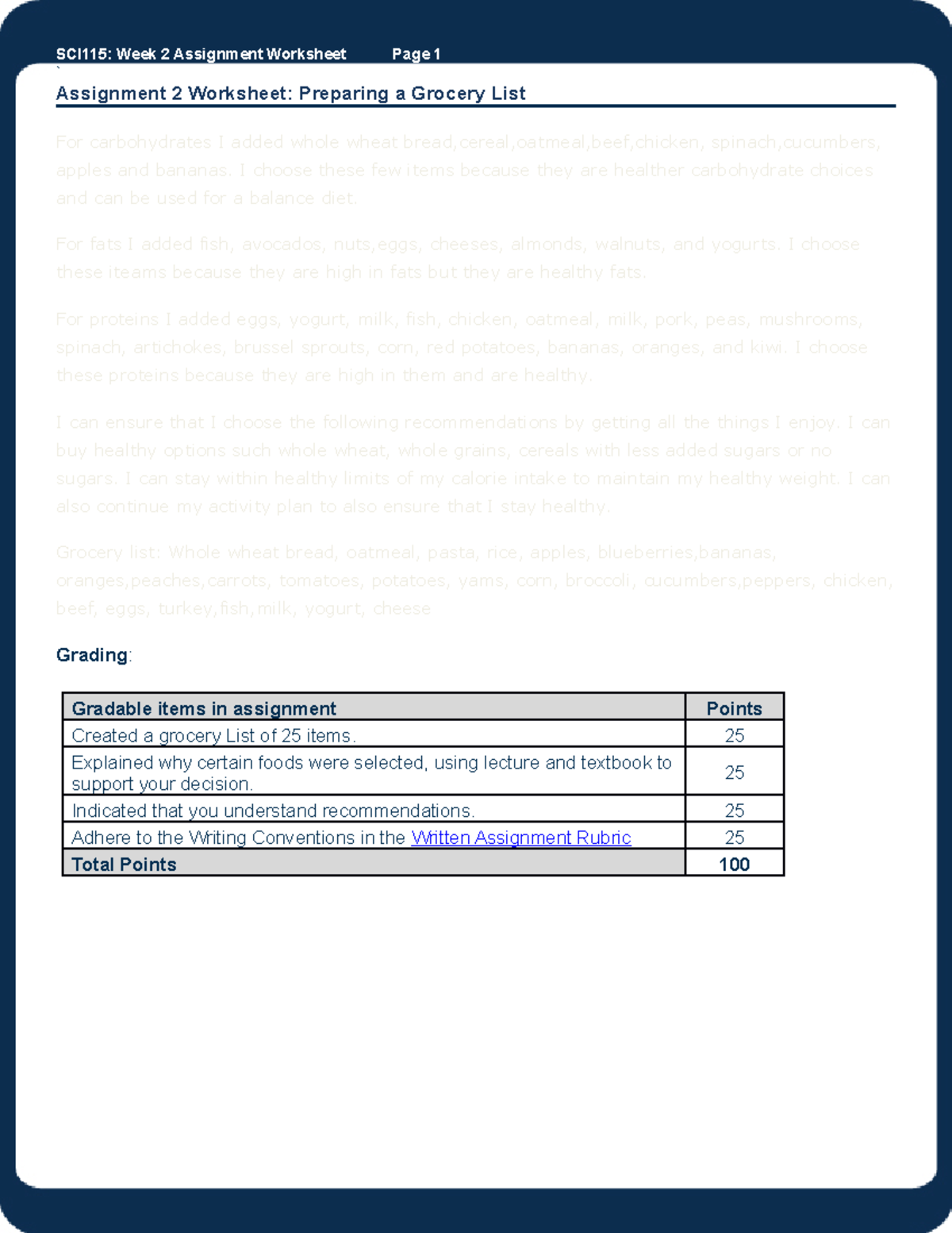 SCI115 wk2 assn zmorales 10152022 - SCI115: Week 2 Assignment Worksheet Page 1 ` Assignment 2 ...