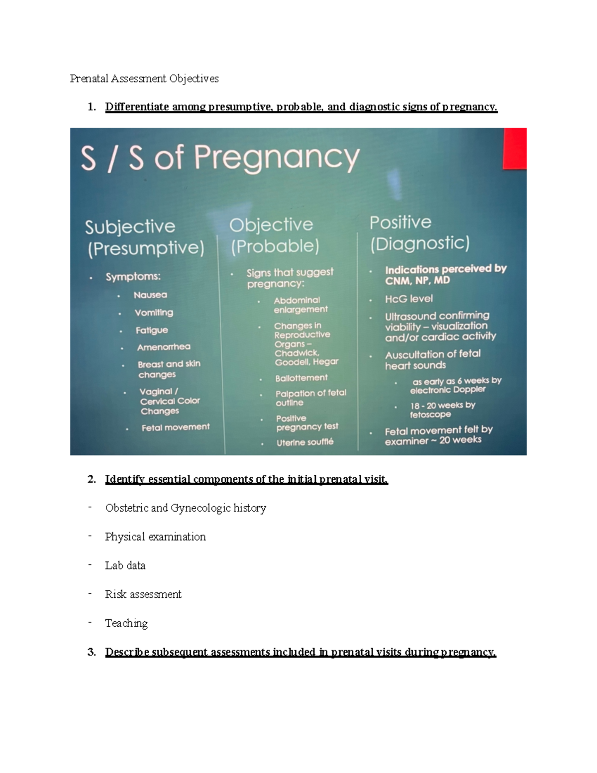 Prenatal Assessment Objectives 1 - 6 - Differentiate among presumptive, probable, and diagnostic ...