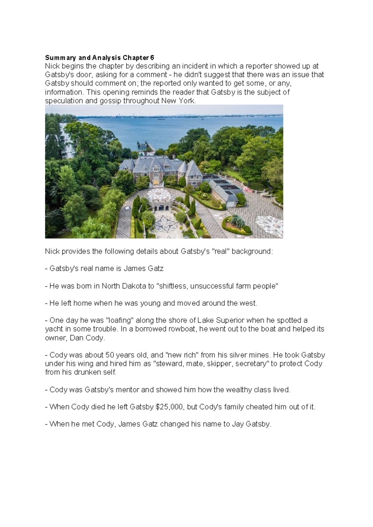 Great Gatsby Chapter 6 Summary Notes & Quotes - Summary and Analysis ...