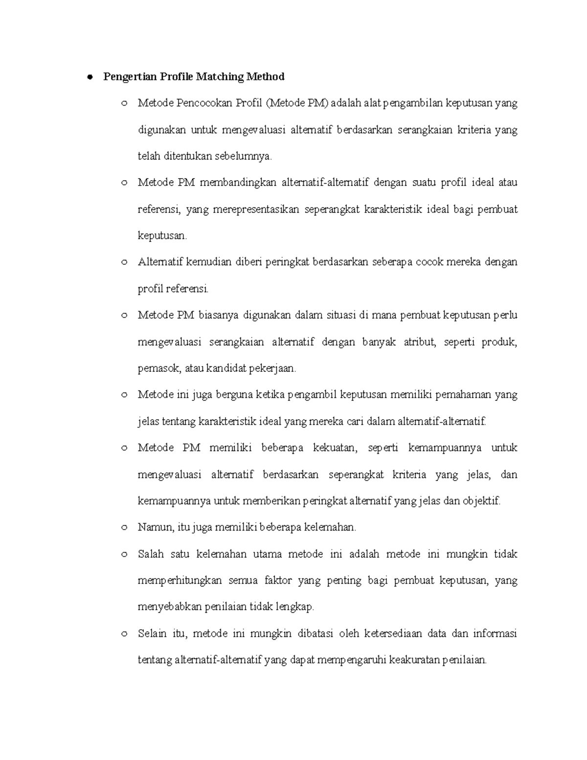 Profile Matching Method (PM Method) - Pengertian Profile Matching Method Metode Pencocokan - Studocu
