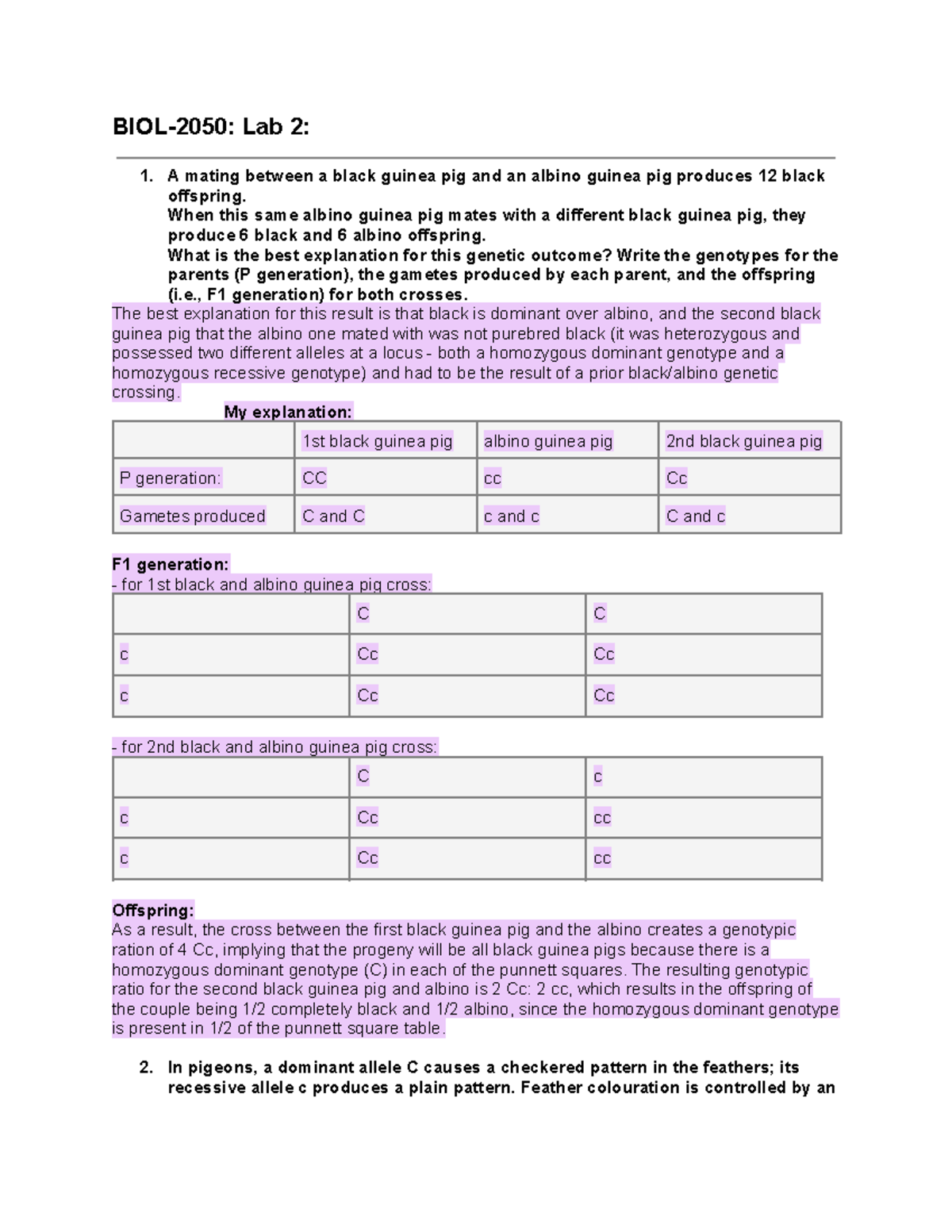 BIOL-2050 Lab 2 - Lab 2 - BIOL-2050: Lab 2: A mating between a black ...