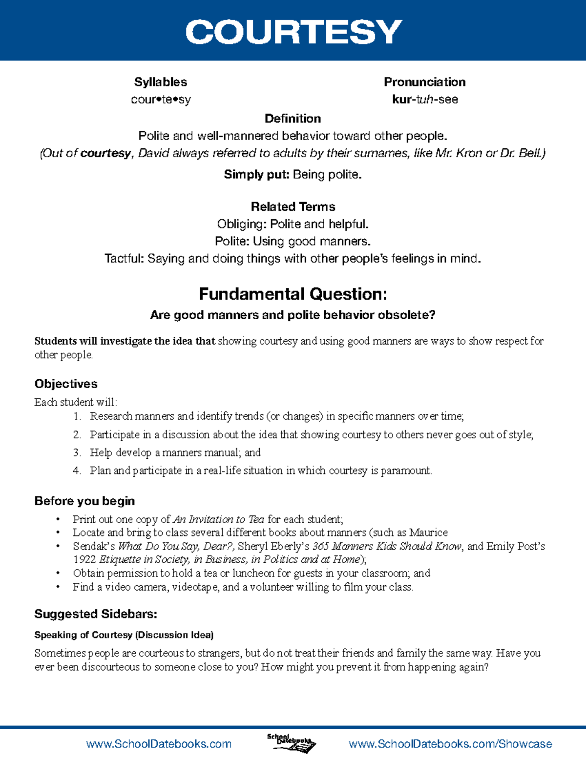 Courtesy Character Lesson Plan-1 - courtesy Fundamental Question: Are ...