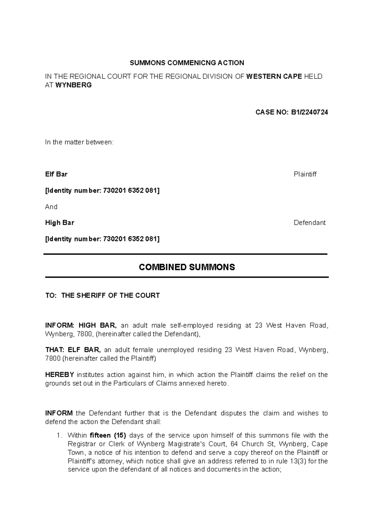 Divorce summons example - SUMMONS COMMENICNG ACTION IN THE REGIONAL COURT FOR THE REGIONAL ...