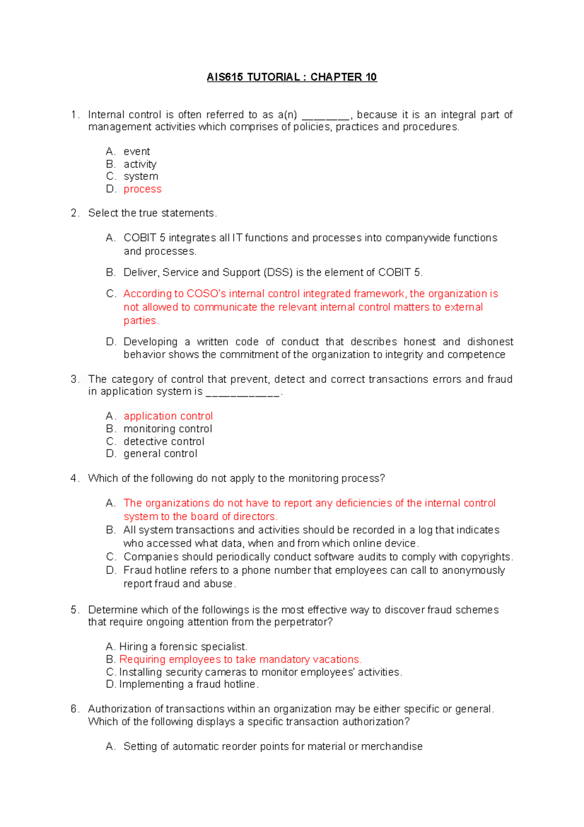 OBJECTIVE QUESTION AND ANSWER FOR CHAPTER 10 - AIS615 TUTORIAL : CHAPTER 10 Internal control is ...