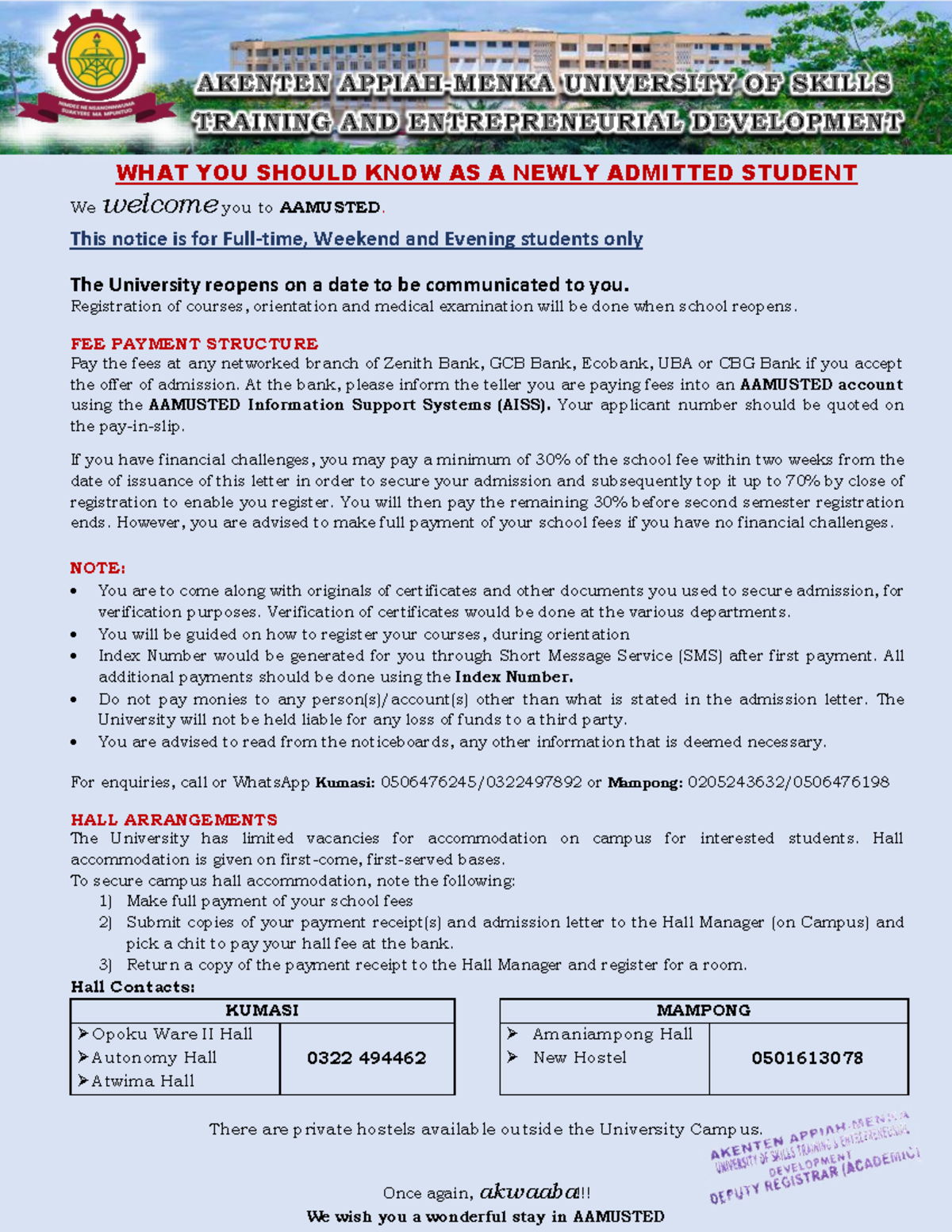 Notice TO ALL Fresh Students 2024 - WHAT YOU SHOULD KNOW AS A NEWLY ADMITTED STUDENT We welcome ...