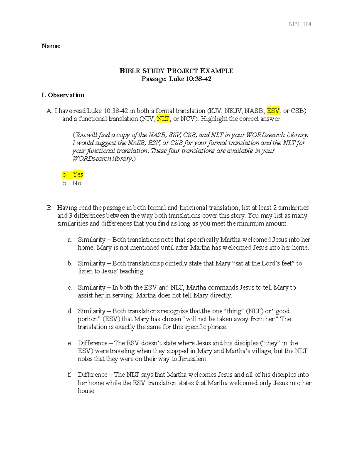 Bible+Study+Project+Example - Name: BIBLE STUDY PROJECT EXAMPLE Passage ...