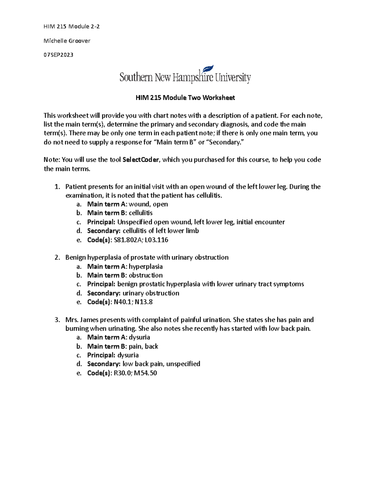 HIM 215 Module 2-2 Worksheet - ICD-10 - HIM 215 Module 2- Michelle ...