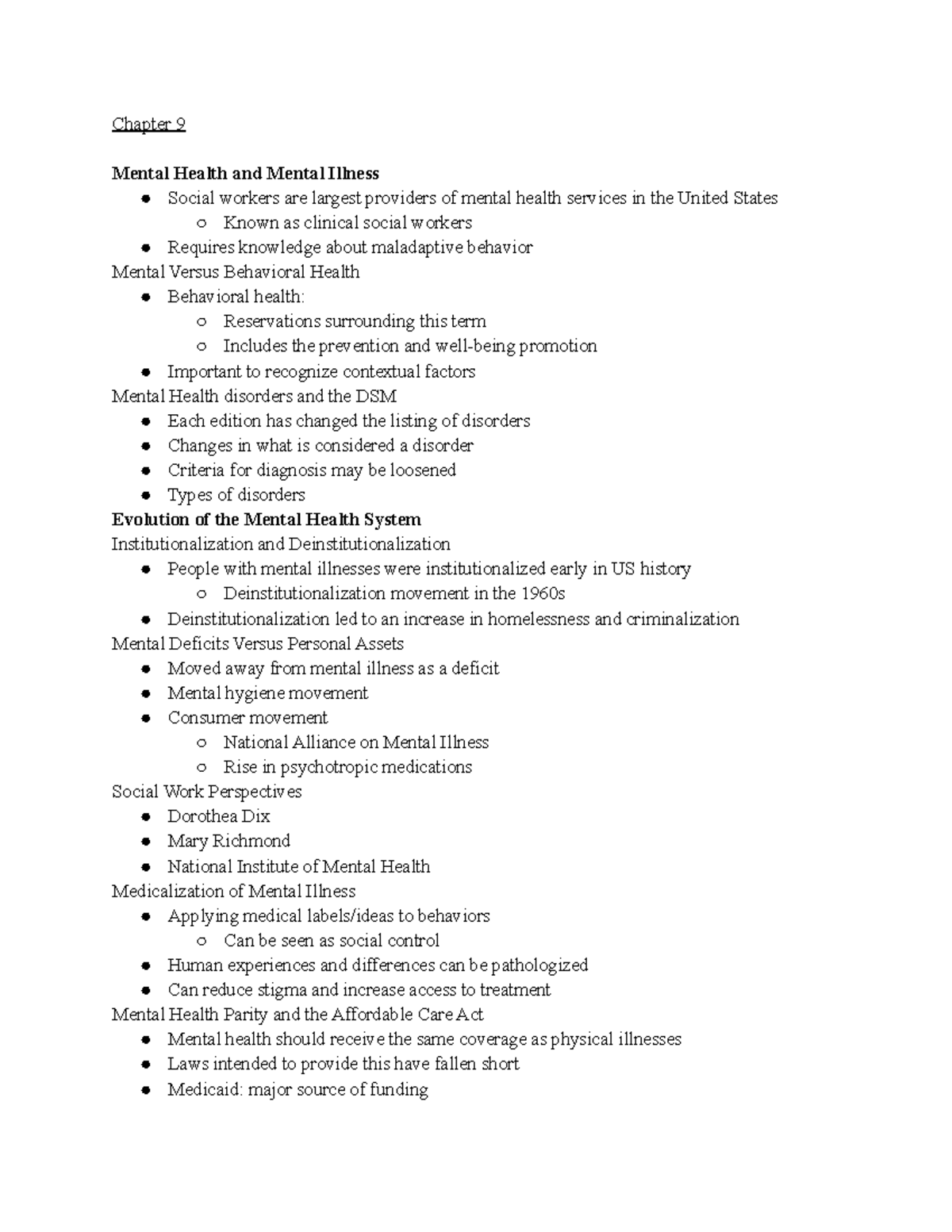 FSW 201 -Class Notes - Chapter 9 Mental Health and Mental Illness ...
