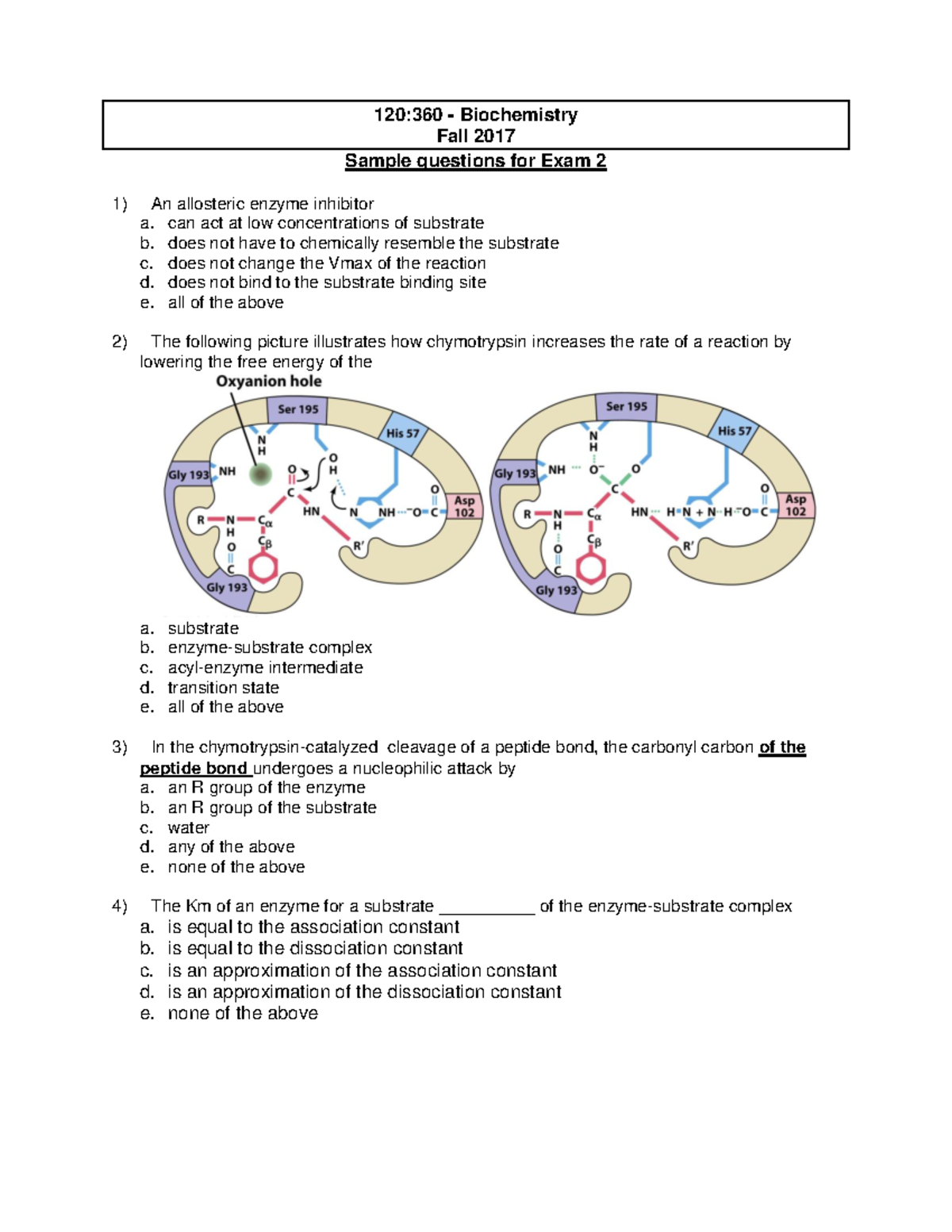 360-fall 2017 sample questions for exam2 - 120:360 - Biochemistry Fall ...