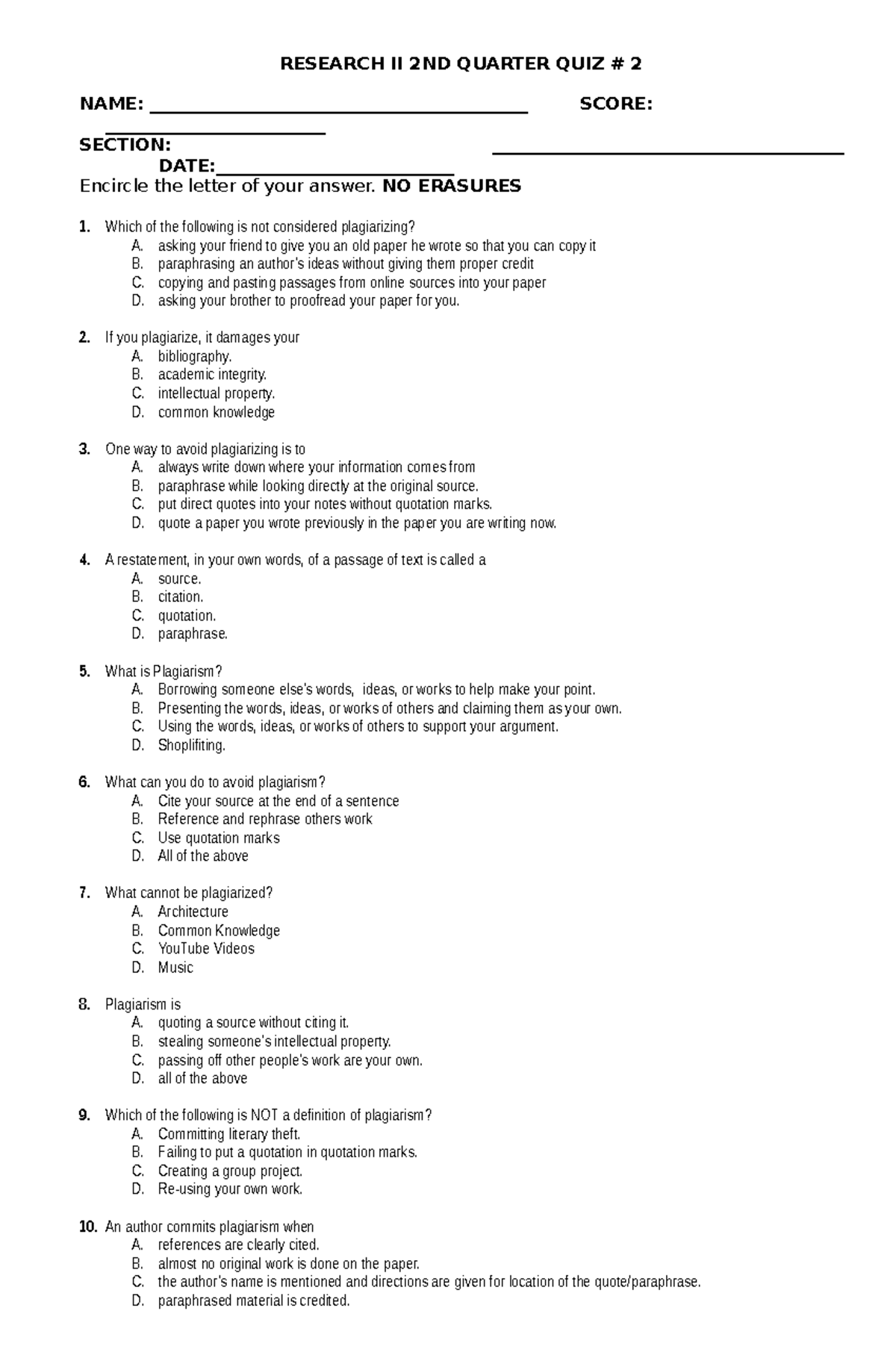 Sample Research QUIZ 2 - RESEARCH II 2ND QUARTER QUIZ # 2 NAME: - Studocu
