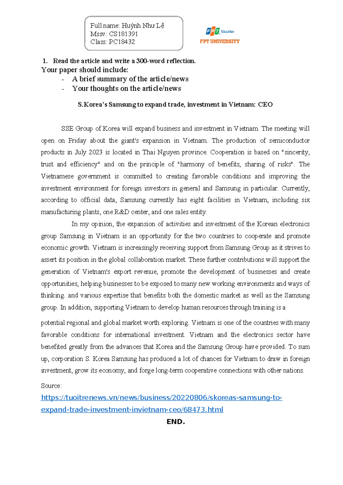 Assigment task 1 summit 1 - 1. Read the article and write a 300-word ...