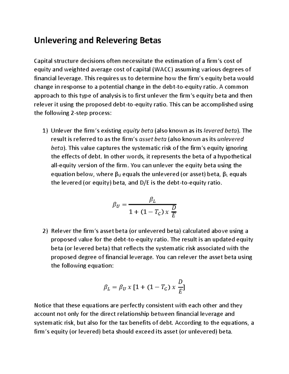 Unlevering and Relevering Betas - Unlevering and Relevering Betas ...