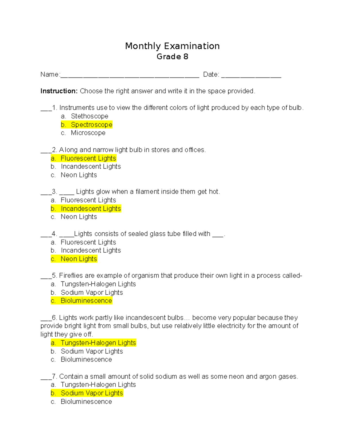 Grade 8- Monthly exam^ - N/A - Monthly Examination Grade 8 - Studocu