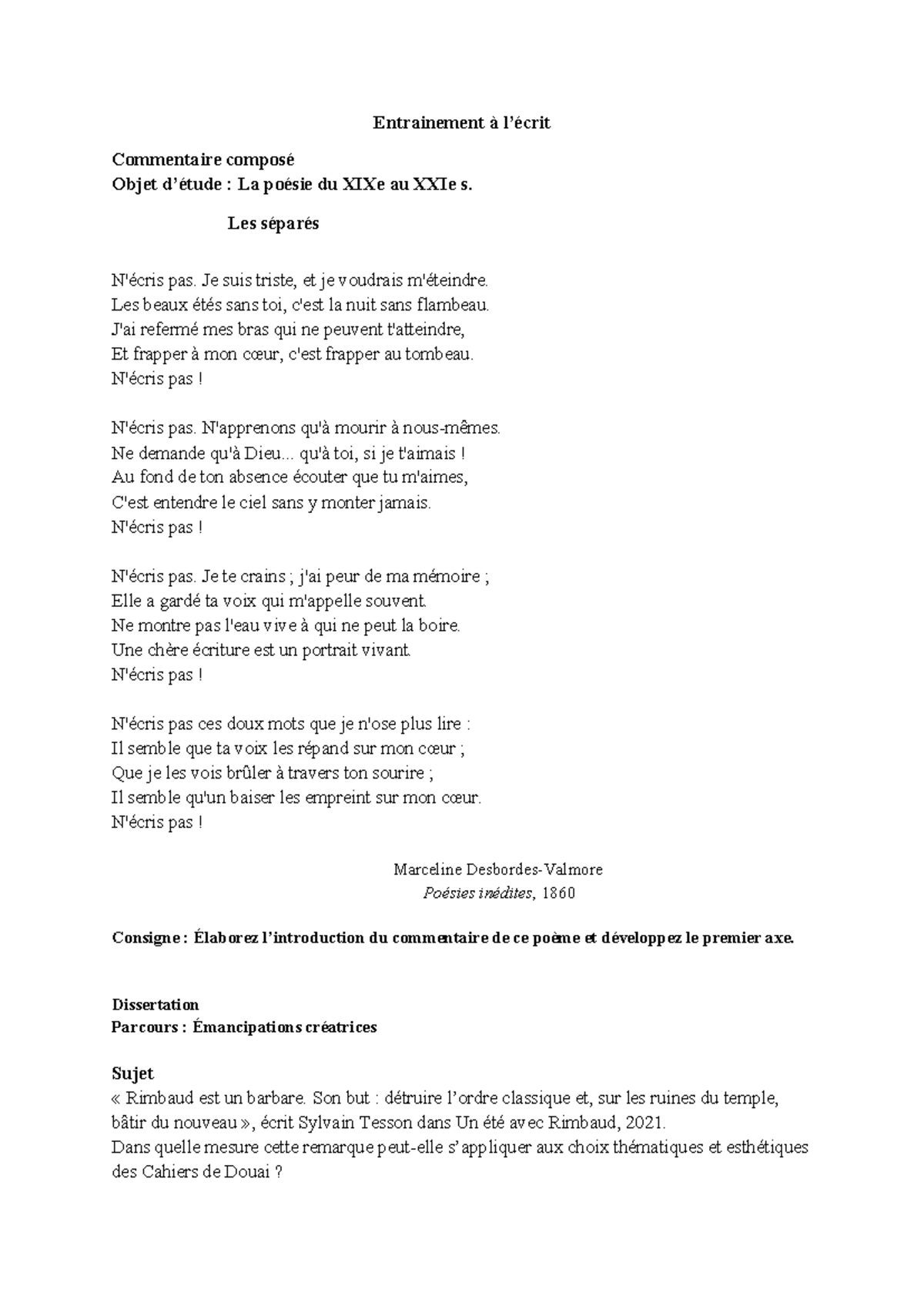 Entraînement à l'écrit - Entrainement à l’écrit Commentaire composé ...