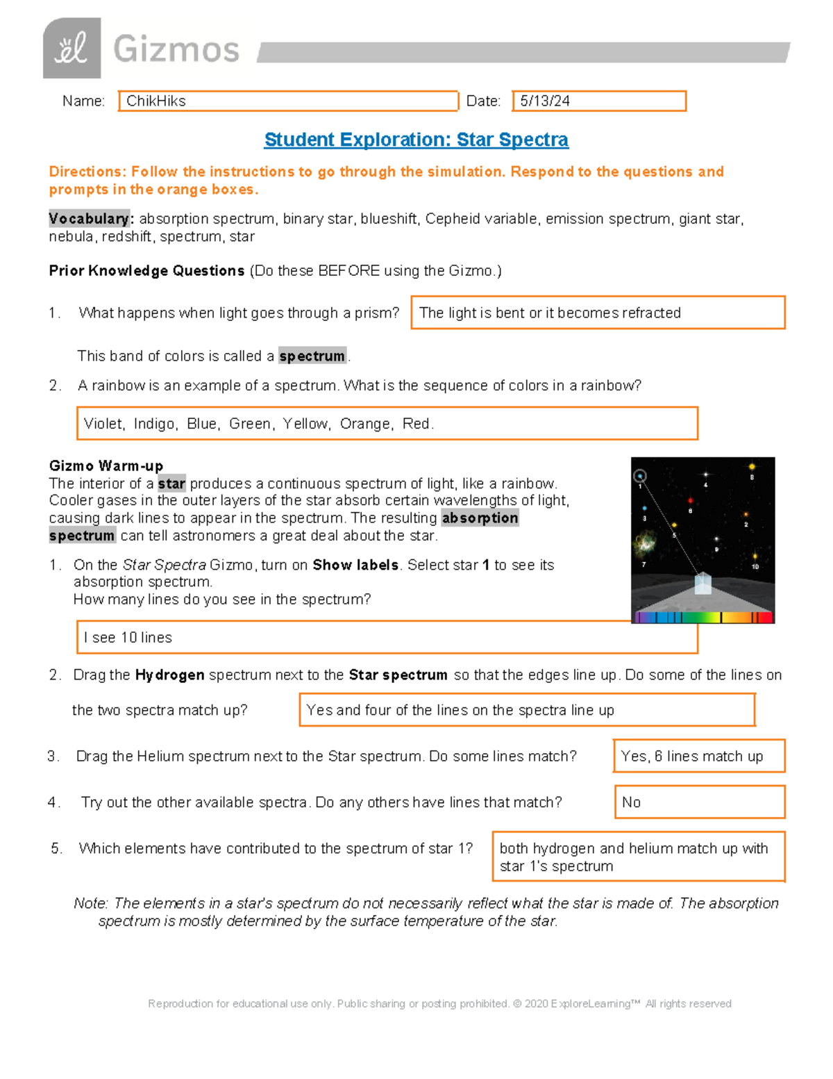Copy of Copy of Star Spectra SE - Name: ChikHiks Date: 5/13/ Student ...