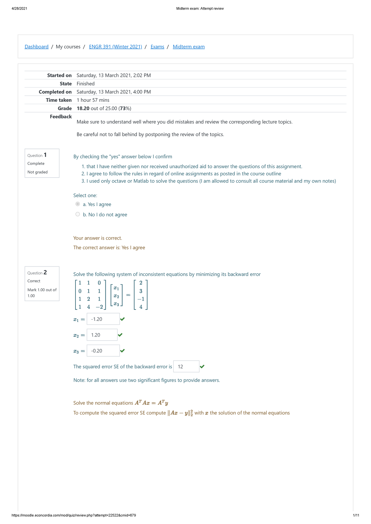 Midterm exam Attempt review - Dashboard / My courses / ENGR 391 (Winter 2021) / Exams / Midterm ...