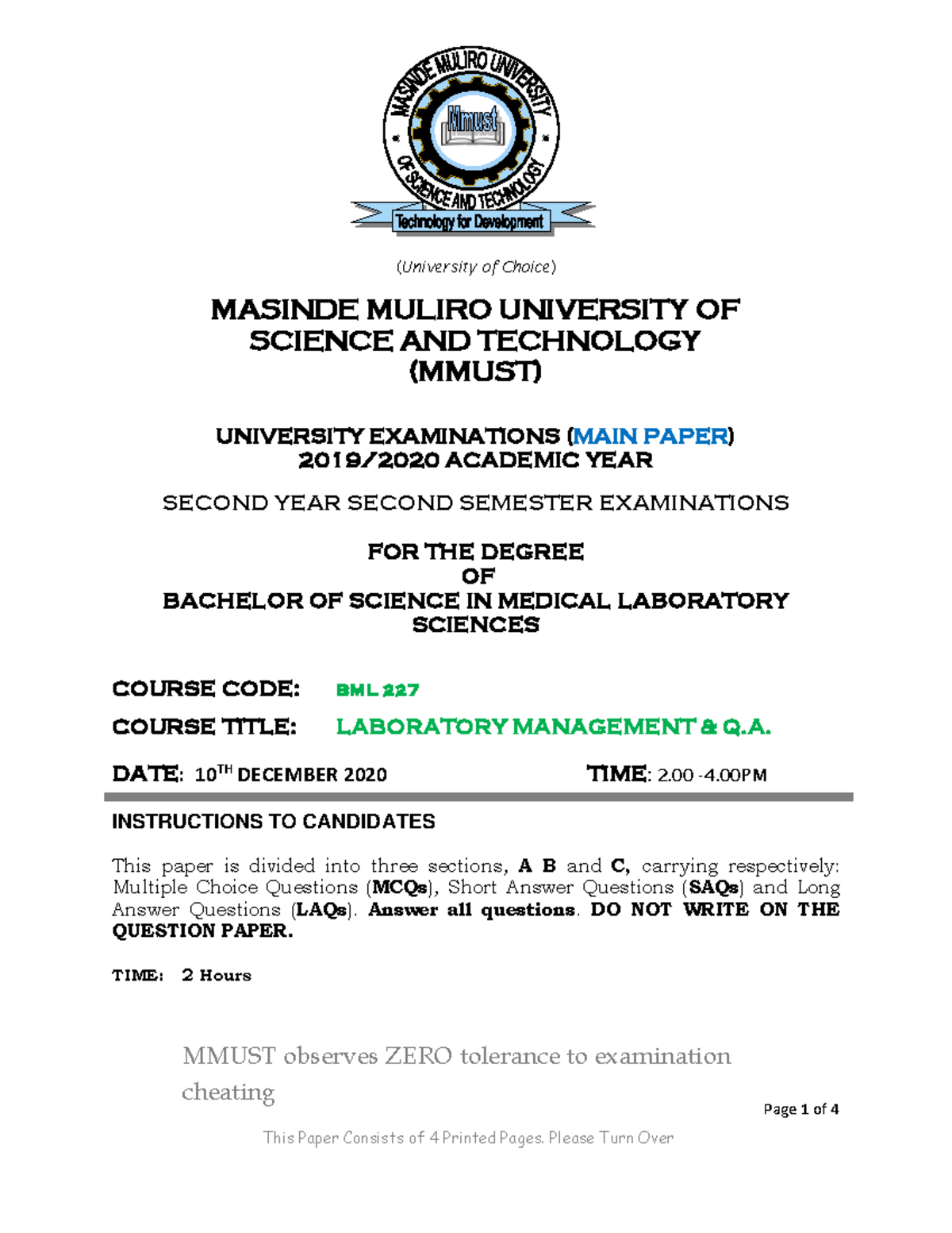 BML 227 Laboratory Management & Quality - Page 1 of 4 (University of ...