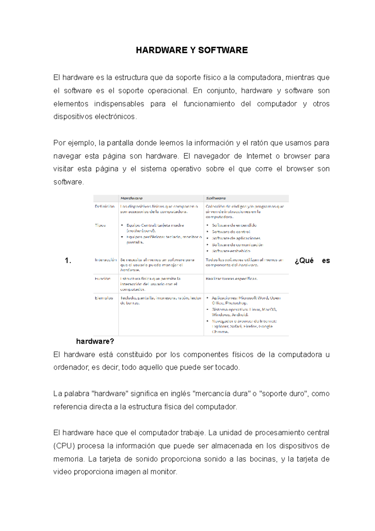 Edgar ZETA - HARDWARE Y SOFTWARE El hardware es la estructura que da soporte físico a la - Studocu