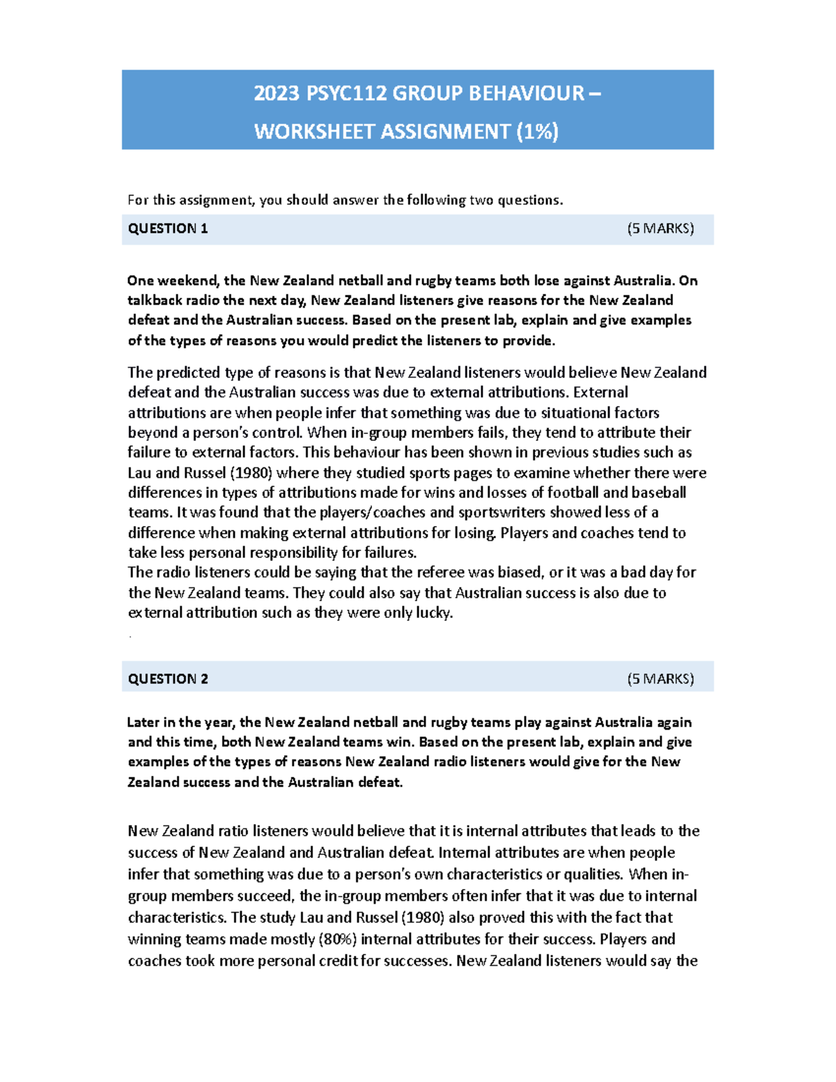 PSYC112 Group Behaviour Worksheet - 2023 PSYC112 GROUP BEHAVIOUR ...