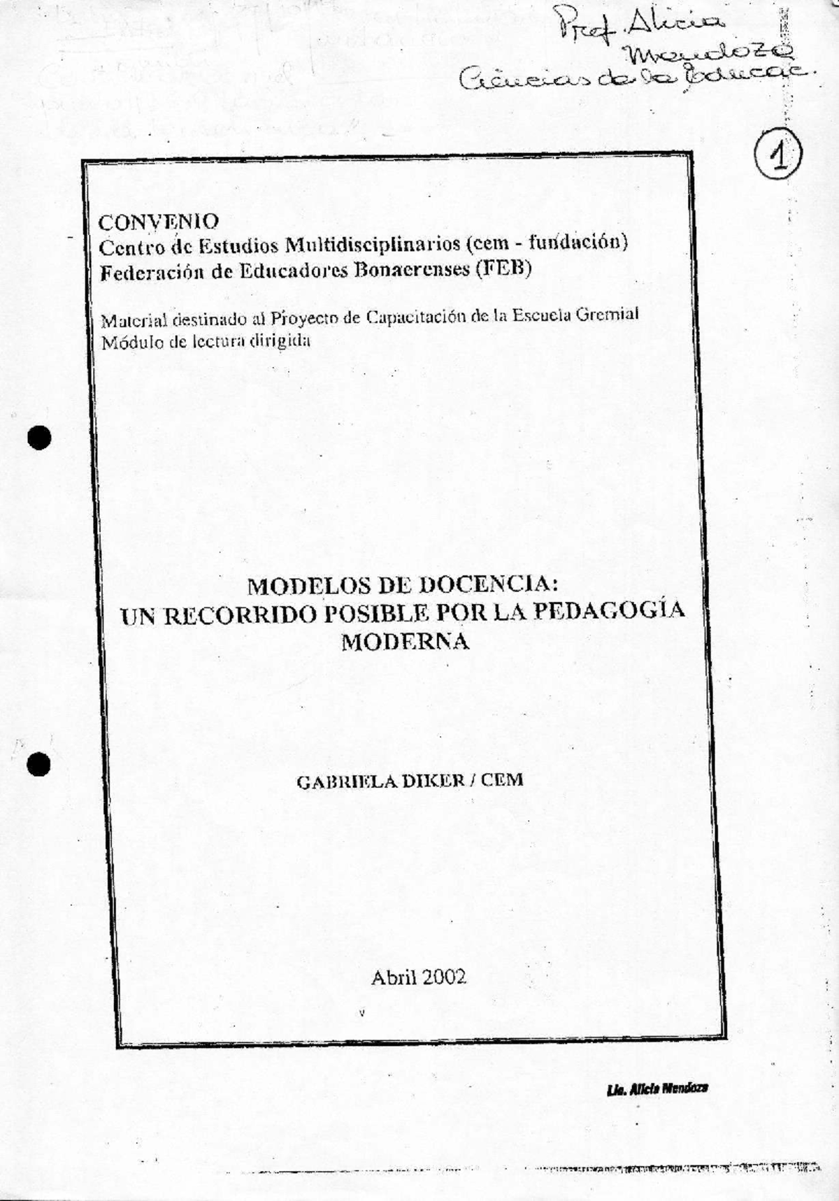 Modelos DE Docencia 1 - resuemn - Prof Alicia Meudoze Cirucias date ...