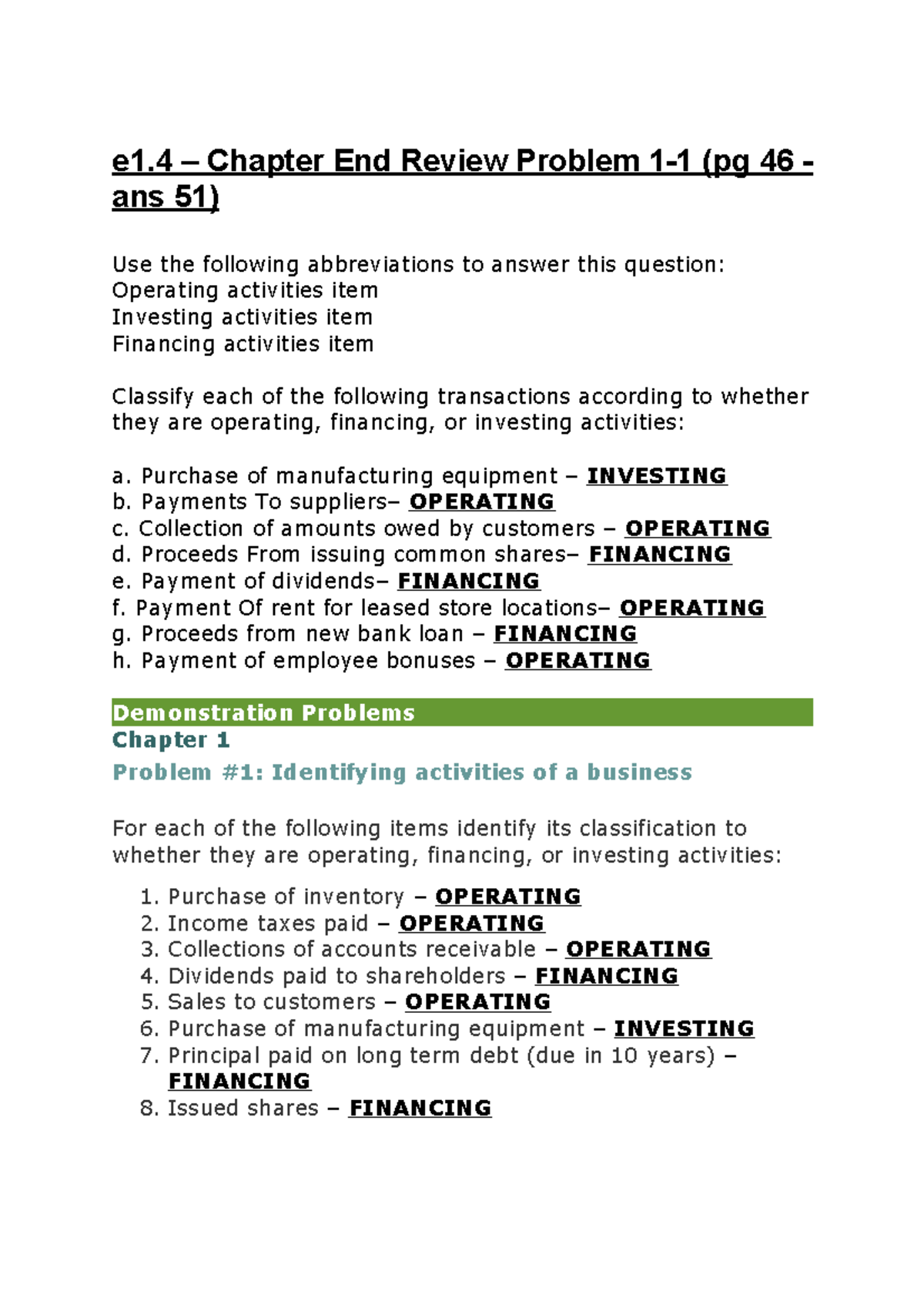 E1 - Practice questions answers - e1 – Chapter End Review Problem 1-1 ...