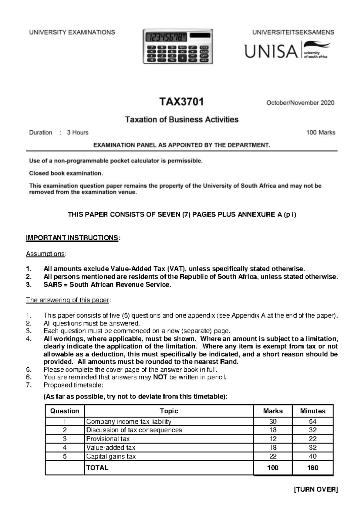 TAX3701 MOCK EXAM - 2020 Past paper - THIS PAPER CONSISTS OF SEVEN ( 7 ...