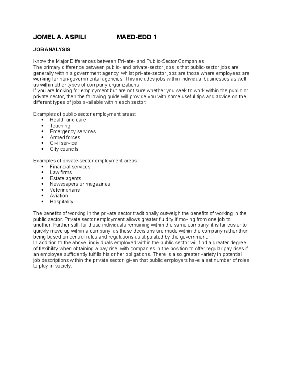JOB Analysis - Lecture notes 1-2 - JOMEL A. ASPILI MAED-EDD 1 JOB ...