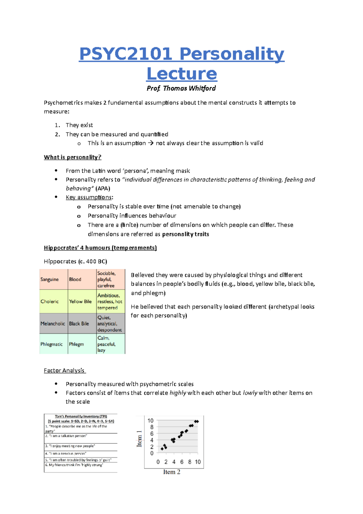 Psyc2101 Full Lecture Notes Week 3 Lectures Lectures 5 6 Psyc2101 Personality Lecture Prof