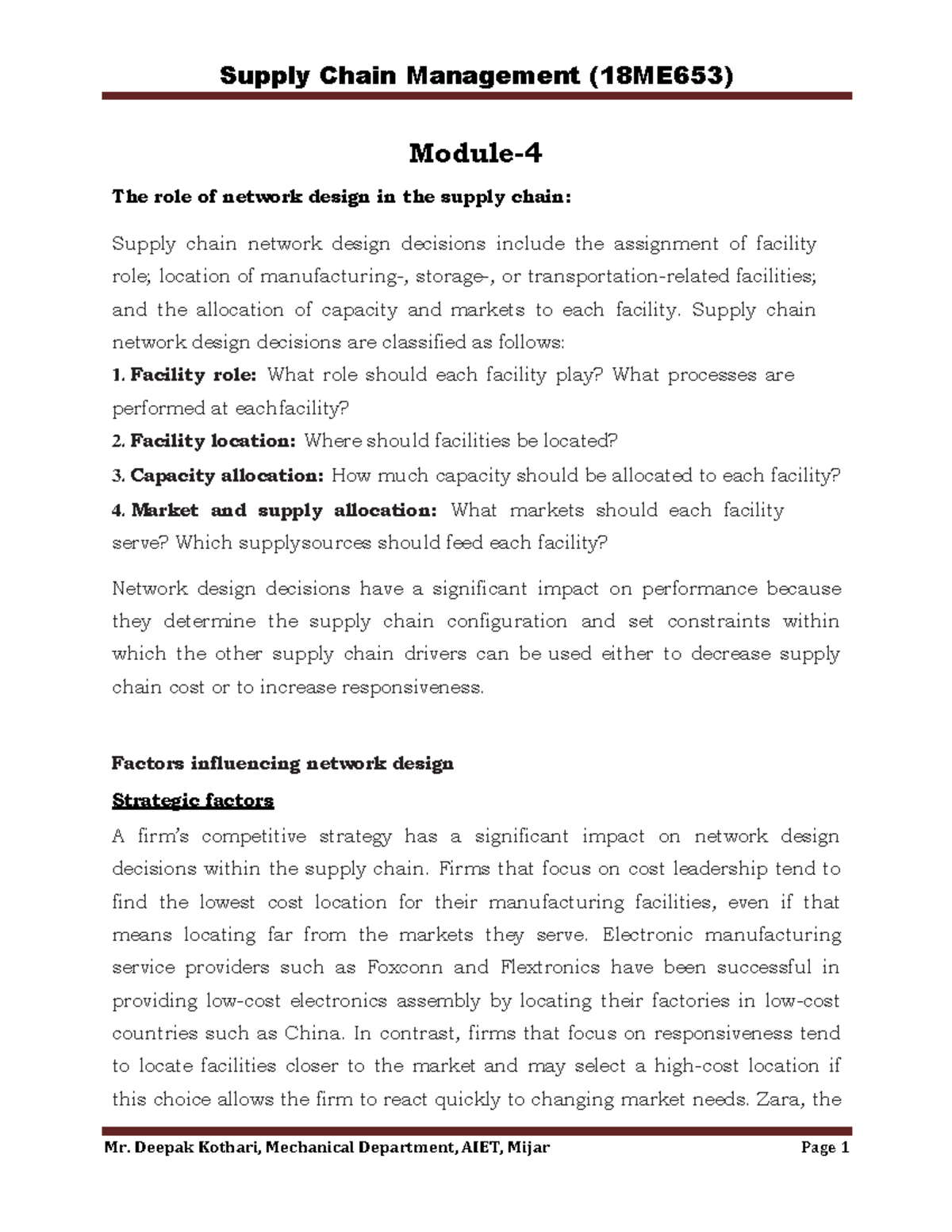 SCM Module 4 notes - Introduction: Supply Chain – Fundamentals ...