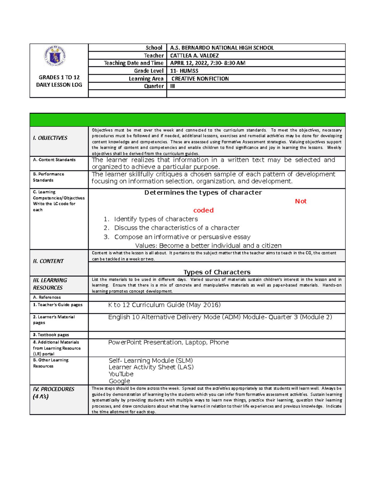 Types OF Characters LPObjectives must be met over the week and ...